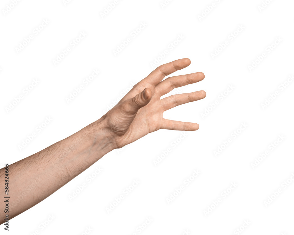 Man's hand holding something. Hand is reaching out for catch or take ...