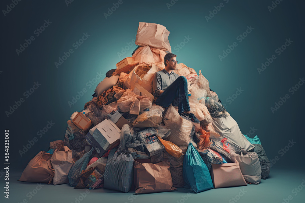 Man sits on top of pile of garbage bags. Concept of overconsumption and ...