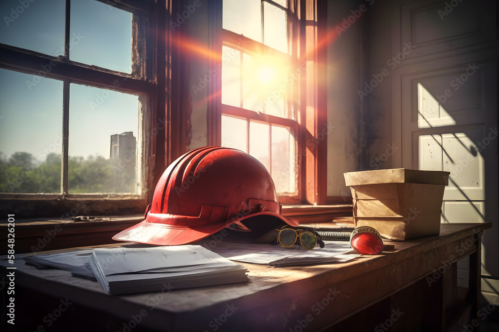 Construction house. Repair work. Drawings for building and helmet ...