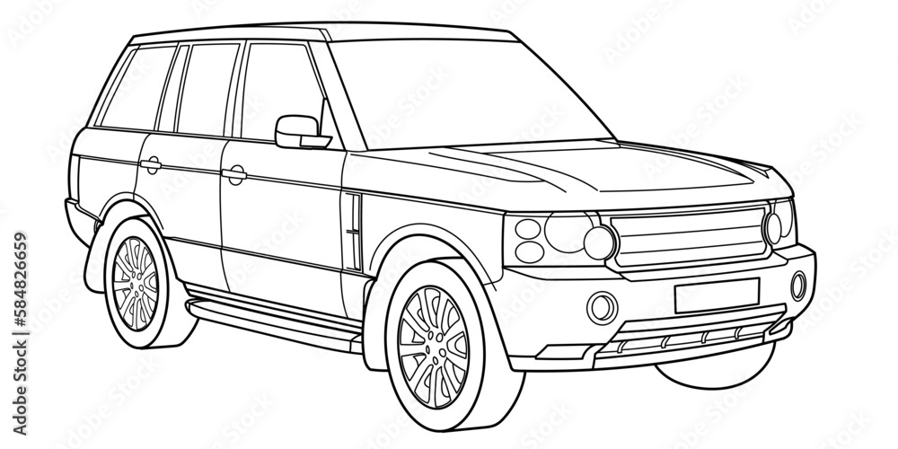 Classic luxury suv car. Crossover car front view shot. Outline doodle ...