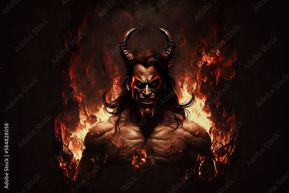 devil, surrounded by flames and smoke, terrorizing the damned in hell ...