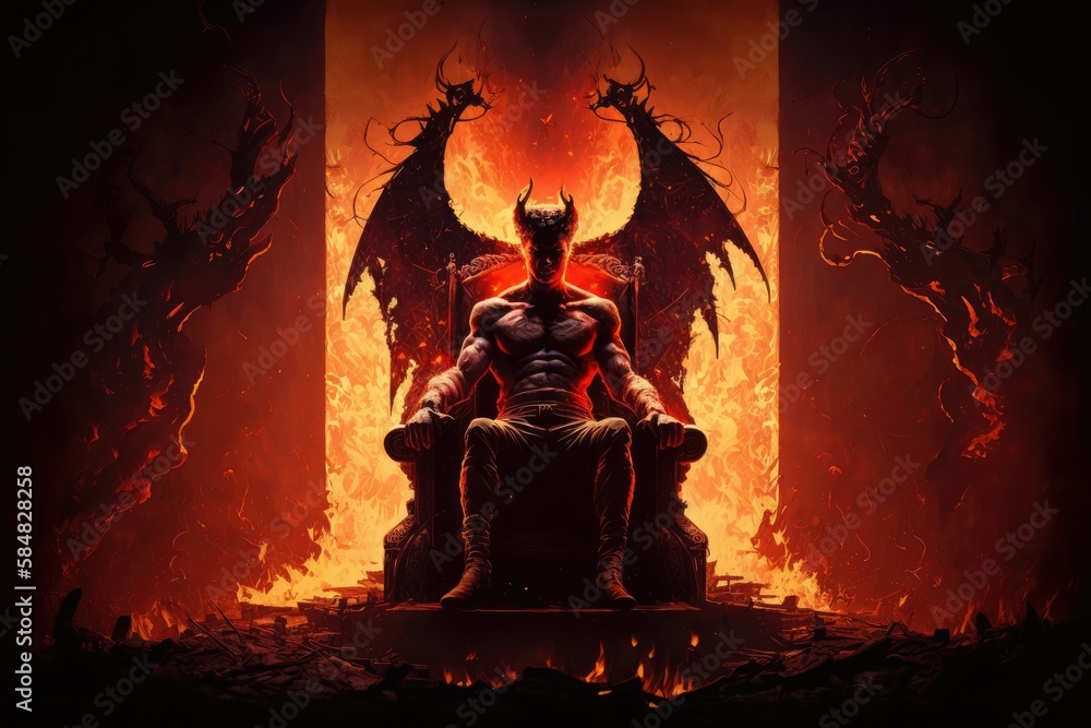devil, sitting on throne in fiery hell, with view of the tortured souls below, created with ...