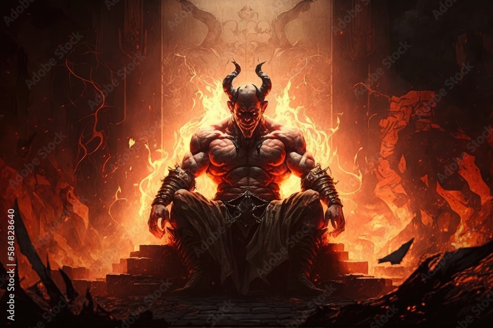 devil, surrounded by fire and brimstone, with view of never-ending torment, created with ...