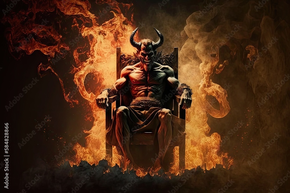 devil, sitting on throne of fire and smoke, with cowering soul in his ...
