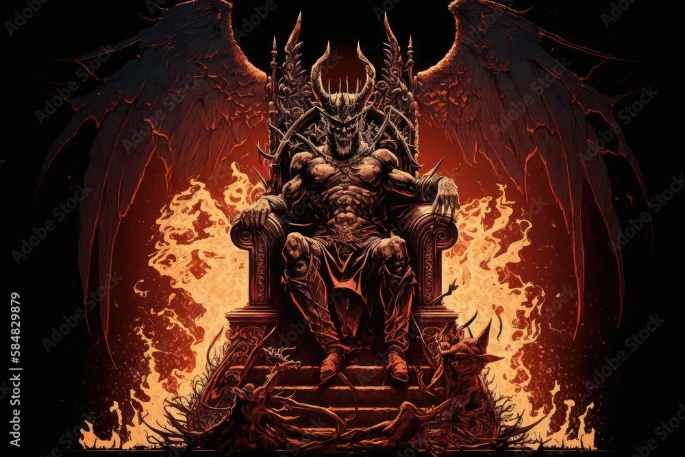 devil, sitting atop throne of hell, with view of the flames and ...