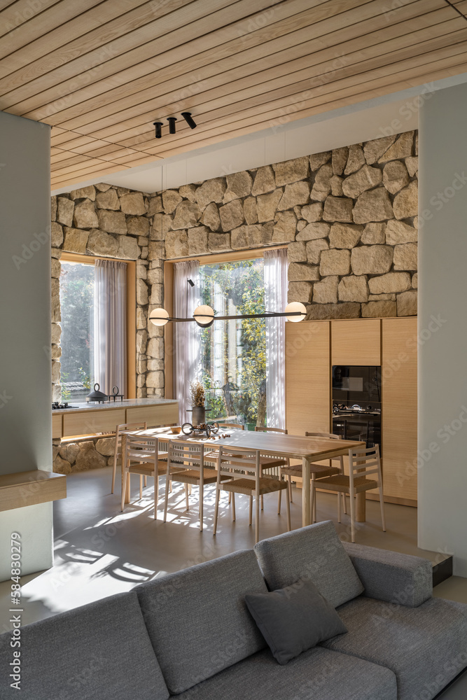 Contemporary interior of suburban home from natural materials Stock ...