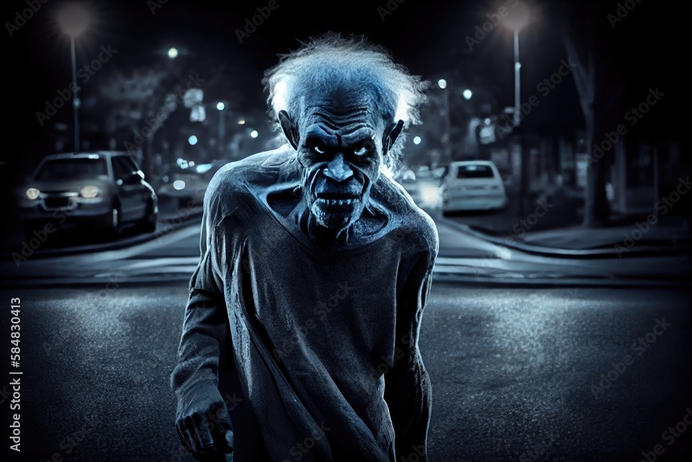 runaway troublemaker evil devilish old man on road at night, created ...