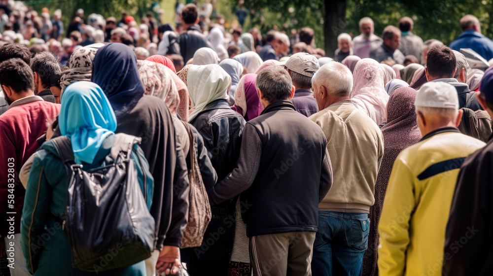 Crowd of refugee people goes in a line and a humanitarian disaster zone ...