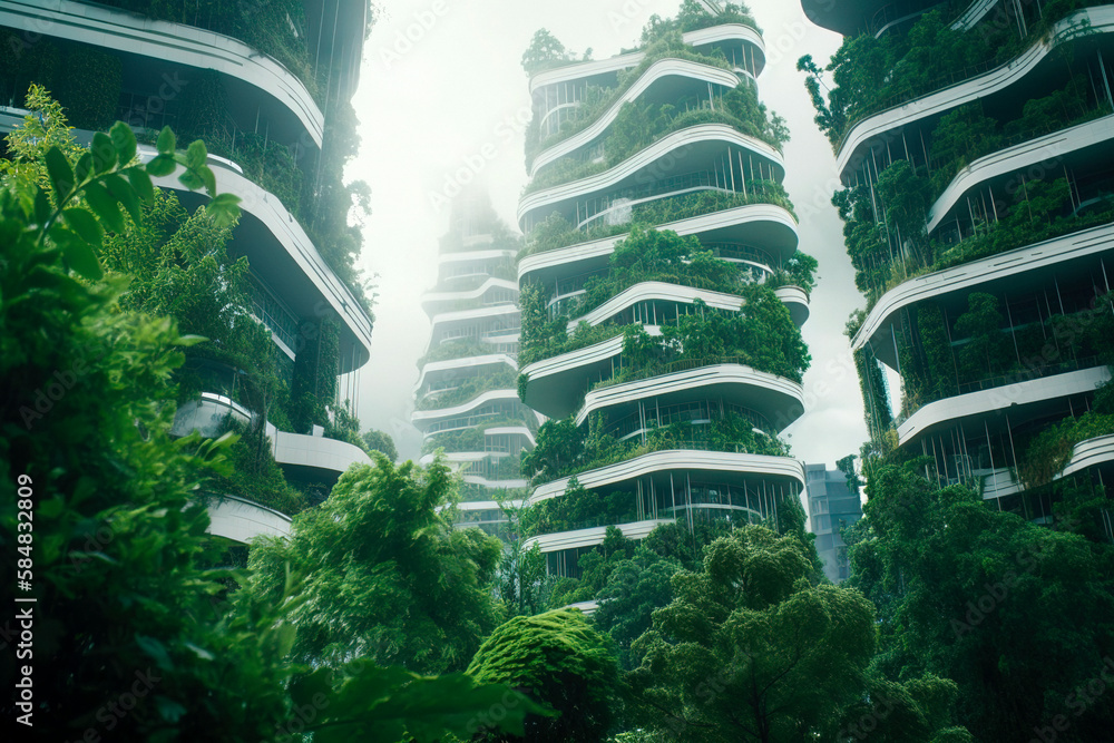 environmental awareness city with forest concept of metropolis covered ...