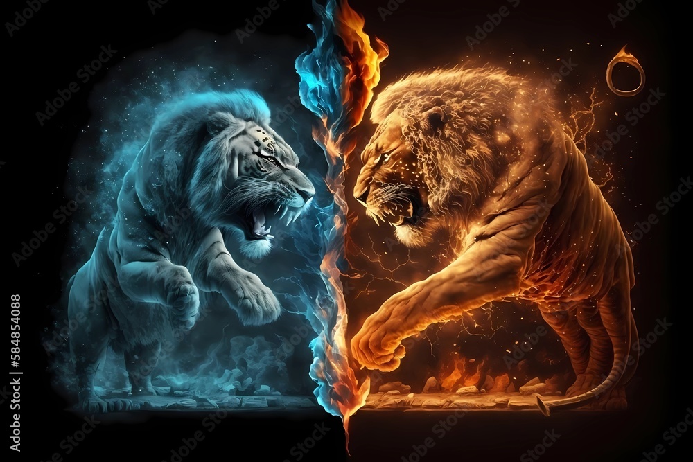 lion fighting tiger on 2 legs with fire and ice background Stock ...