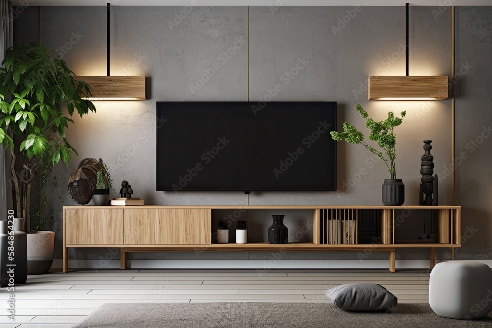 Japanese style living room with TV on cabinet and two tone wall ...