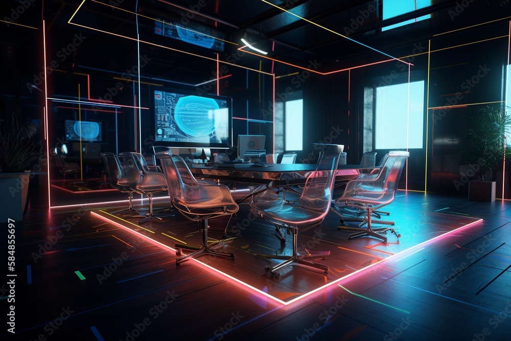 Futuristic office with high-tech design, holographic screens, floating ...