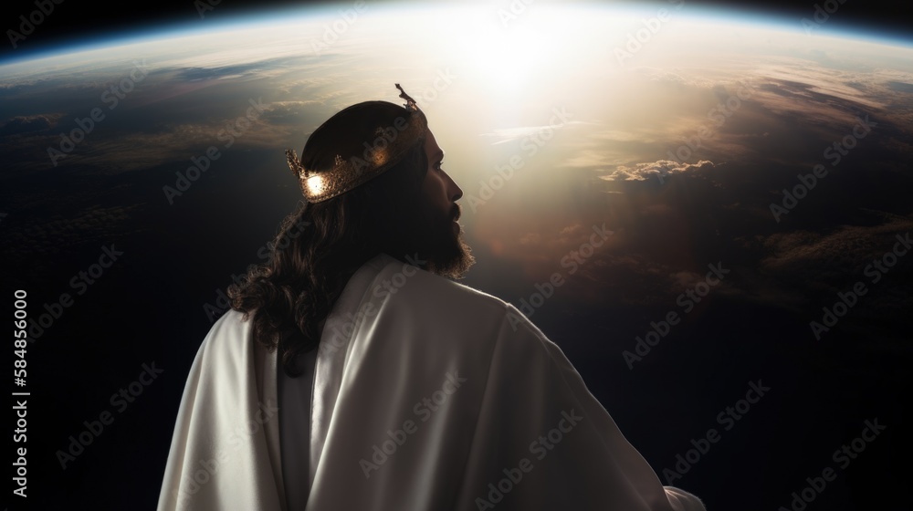 Jesus Christ wearing a white robe and a crown looking down at planet ...