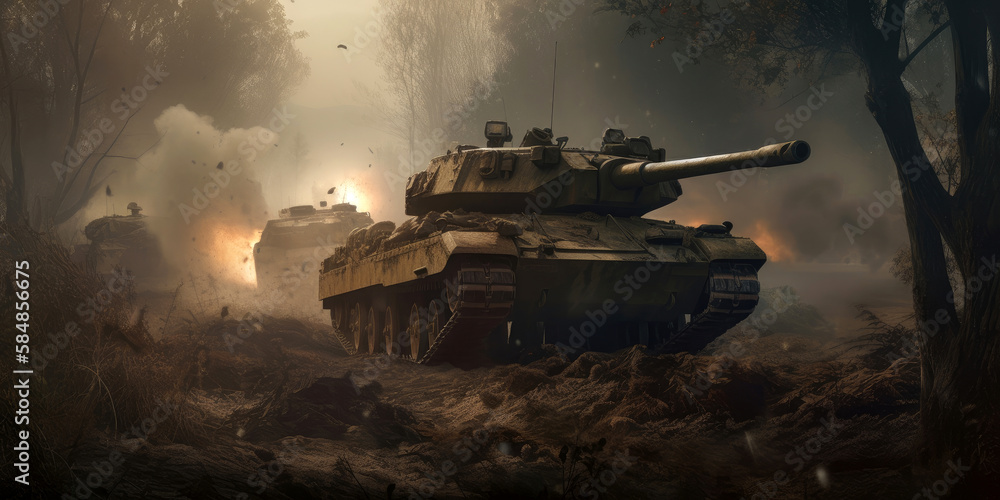 Military tank in battle in the forest by generative AI Stock ...