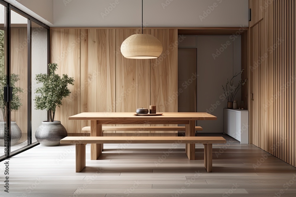 Japanese eating room with wooden minimalism table, architect interior ...