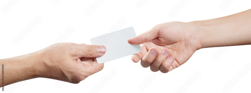 Hands sharing a blank card or a ticket/flyer, cut out Stock Photo ...