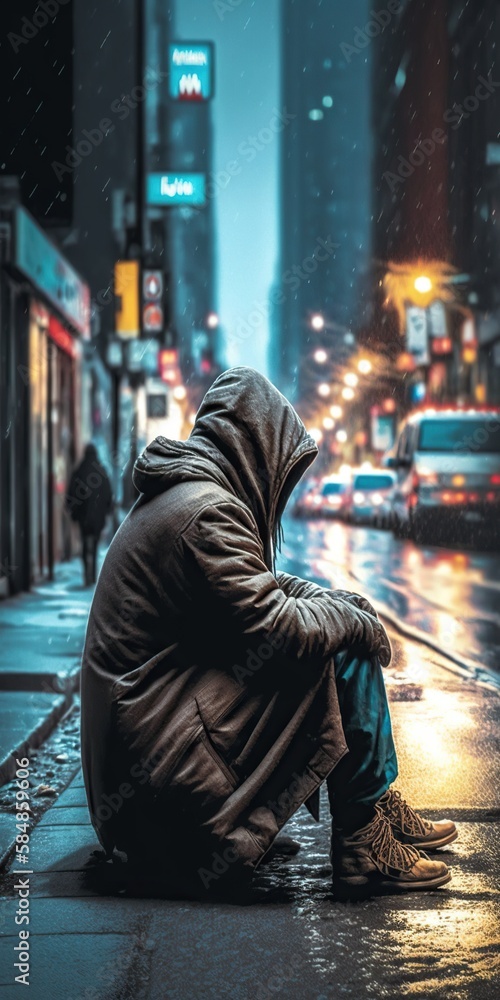 Homeless person sitting on sidewalk surrounded by busy cityscape ...