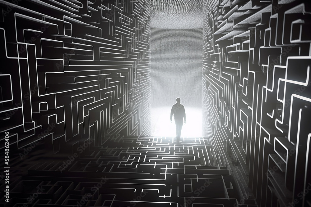 O homem no labirinto está procurando uma saída. Conceito de encontrar ...