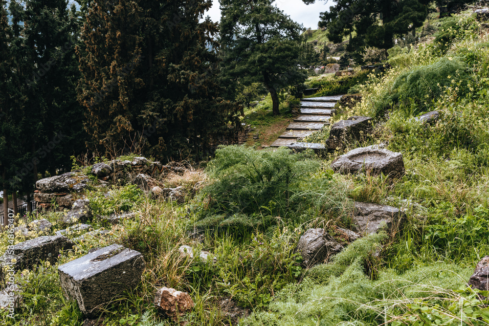 Ruins of an ancient temple overgrown with greenery against the backdrop ...