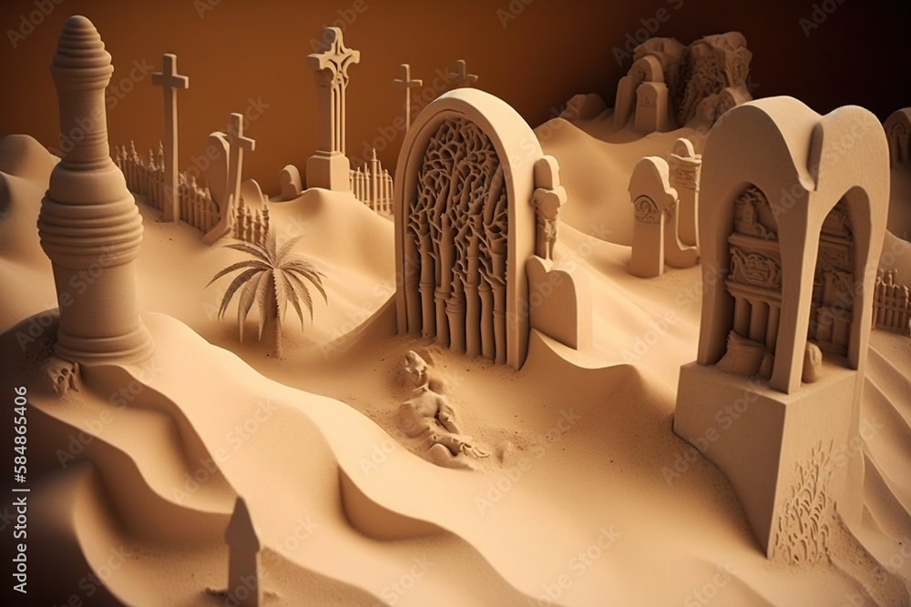 Graveyard with graves made of sand, concept of Sand art and Cemetery ...
