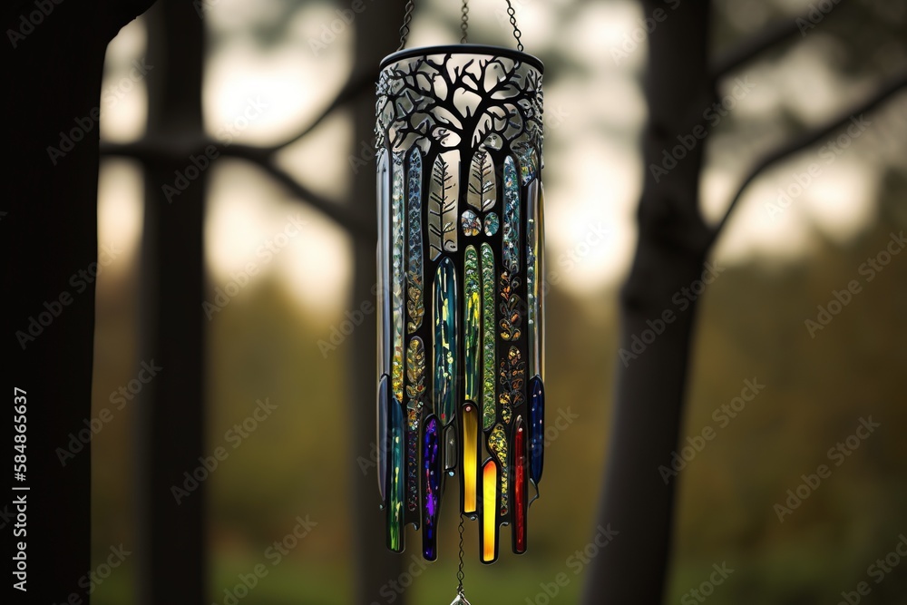 Stained glass wind chime hanging from a tree with the wind gently ...