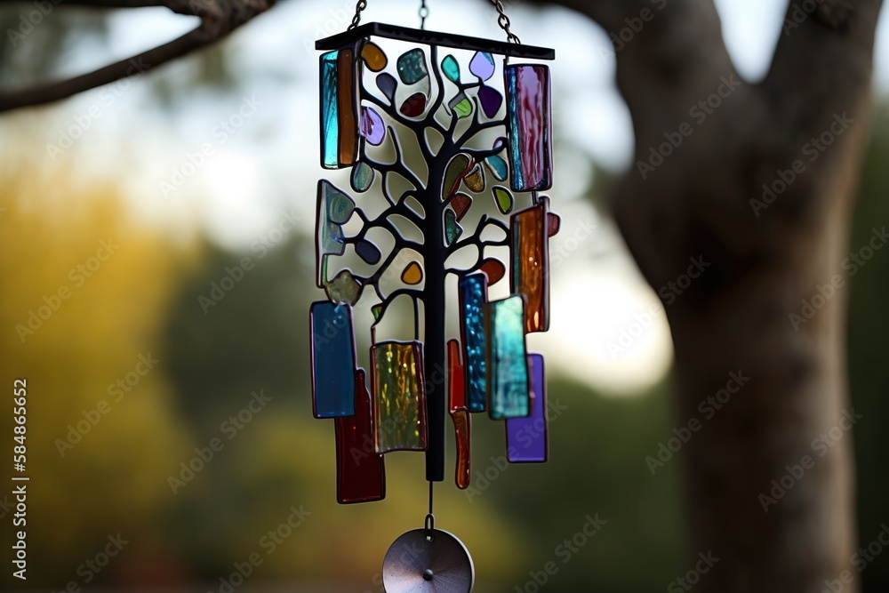 Stained glass wind chime hanging from a tree with the wind gently ...
