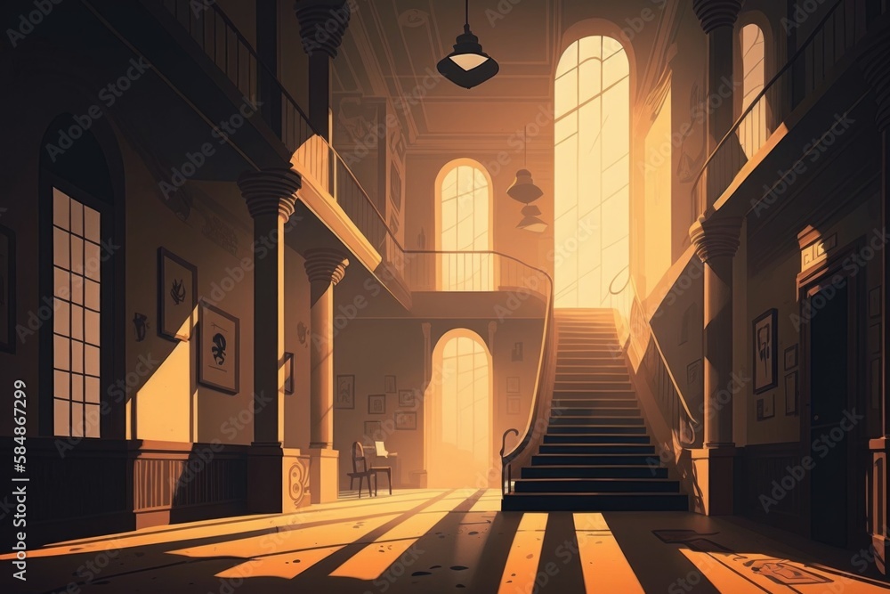 A Hallway With A Staircase And A Set Of Stairs Leading Up To A Second ...