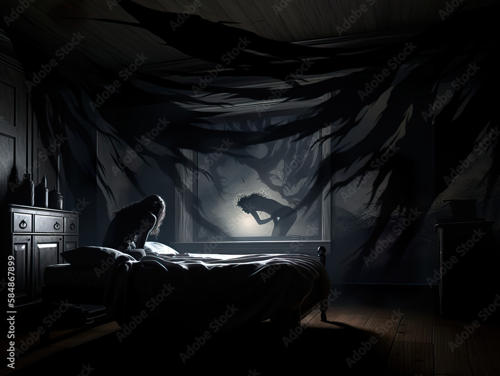 Chiaroscuro-inspired sleep paralysis depiction. Generative AI Stock ...
