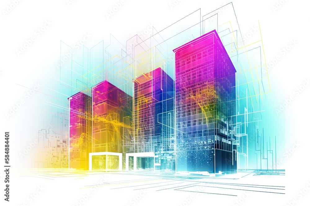 A Colorful City With Buildings And Lines On It's Sides Modern Urban ...