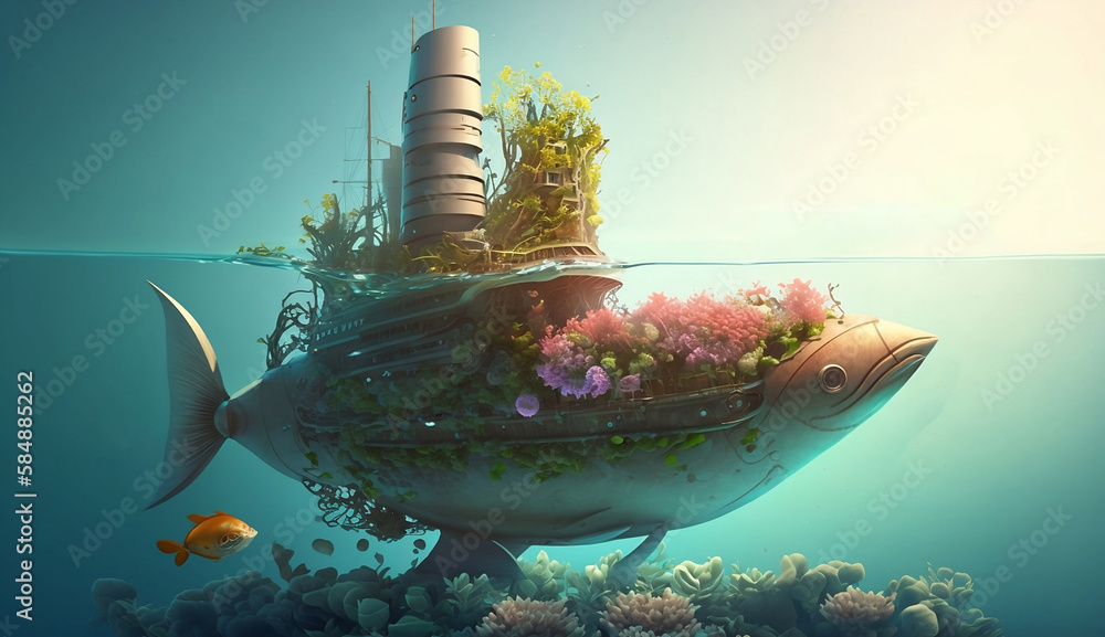 Submarine shaped like giant fish. Illustration of a diving submarine ...