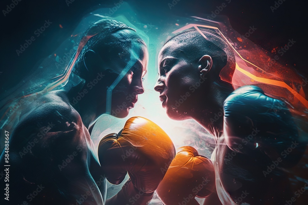 Two Women Boxing In A Digital Painting Style With A Blue Background ...