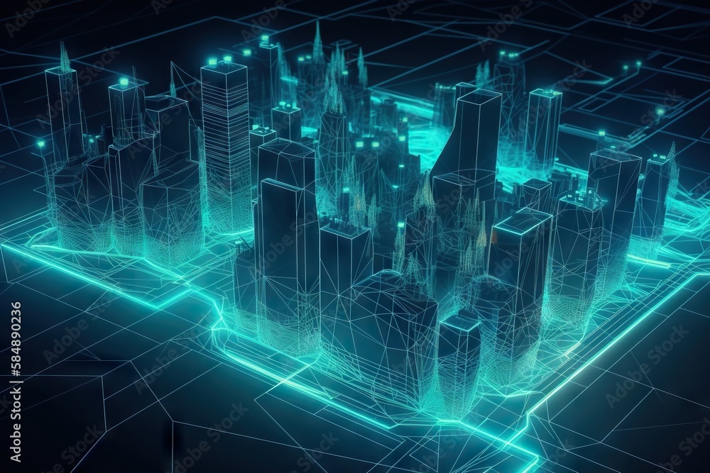 A Futuristic City With Glowing Lights And A Grid Of Buildings On A Dark ...