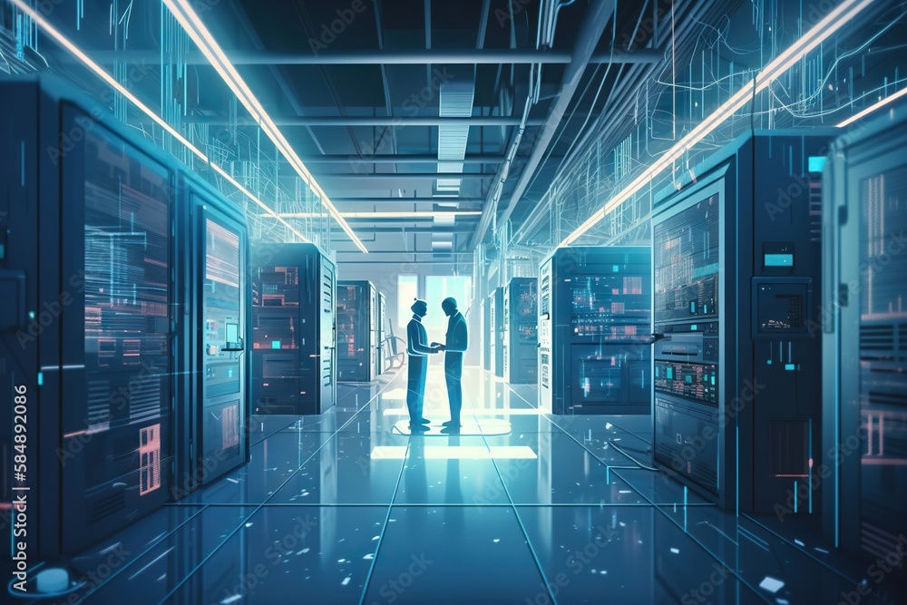 Two People Standing In A Server Room With Blue Lights And Black And ...
