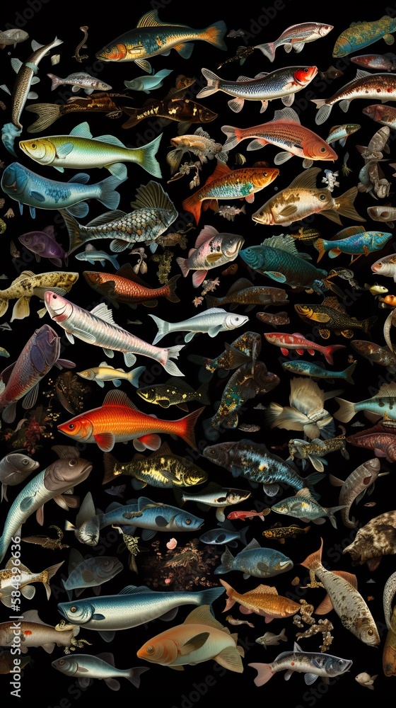 Illustration of various fish species, every size and color, vivid ...