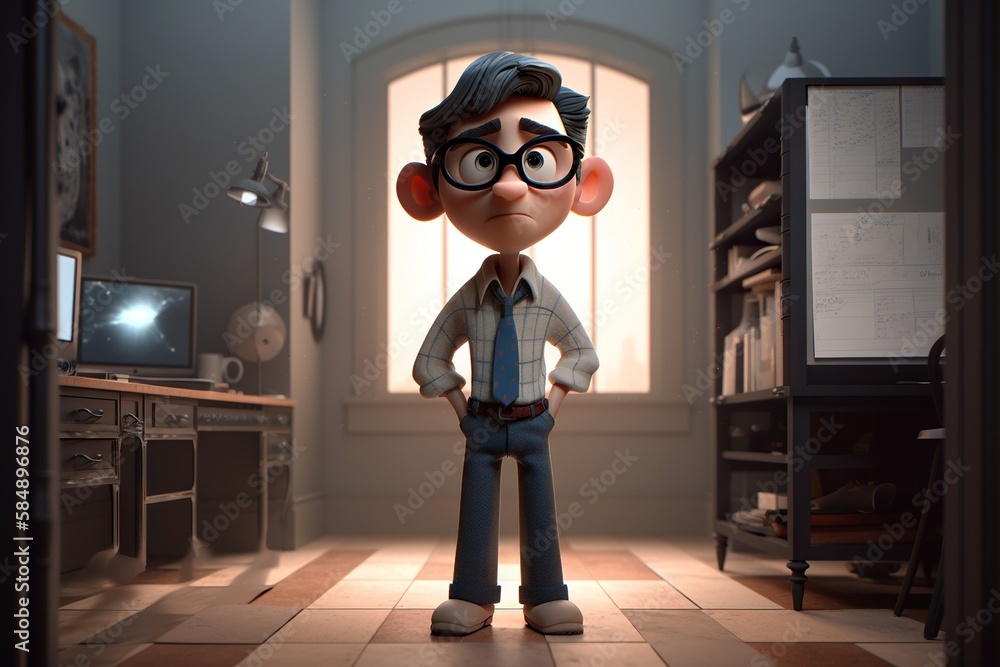 A Cartoon Character Standi ng In A Room With A Desk And A Television ...