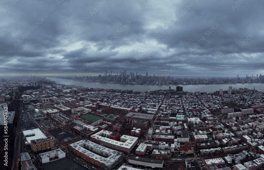 Manhattan before the storm. drone panorama with neighbourhood in front ...