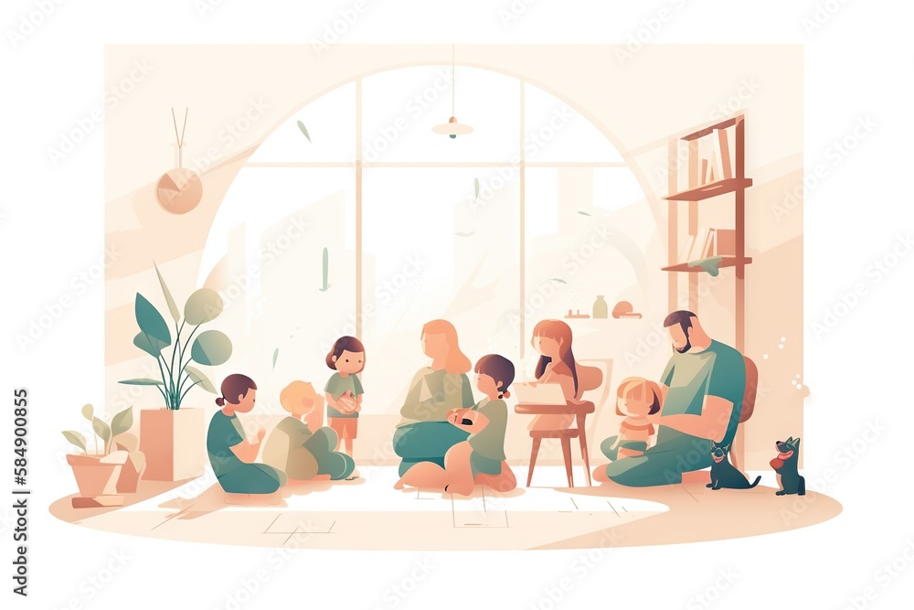 A Family Sitting Around A Table With A Cat In The Middle Living Room ...