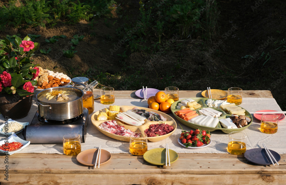 Chinese style hot pot picnic in outdoor natural field, closeup Stock ...