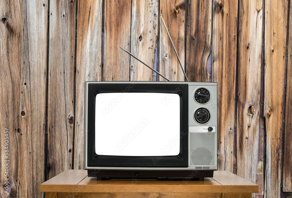 Vintage television on table with rustic cabin wall and cut out screen ...