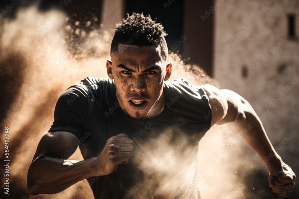 A Man Running Through Dust With His Fist Out And His Face Obscured By ...