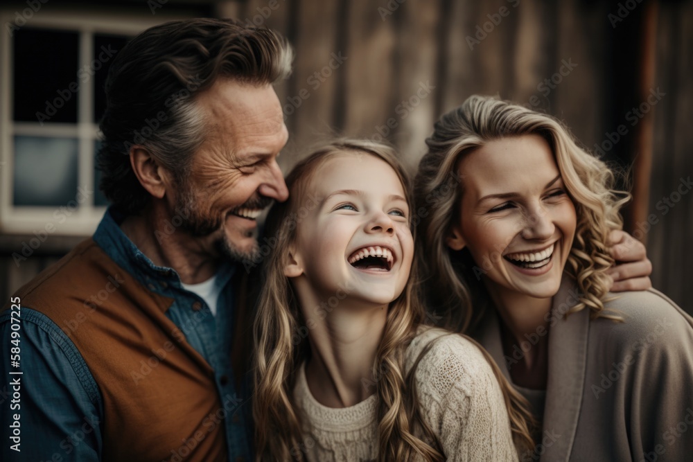 A Family Laughing Together In Front Of A Barn Door With A Window Rural ...
