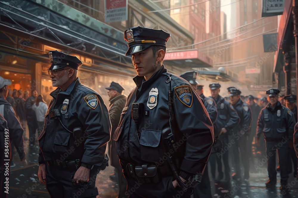 A Painting Of Two Police Officers Standing In Front Of A Crowd Police ...
