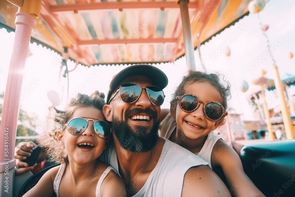 A Man And Two Girls Are Riding On A Carnival Ride Together Amusement ...