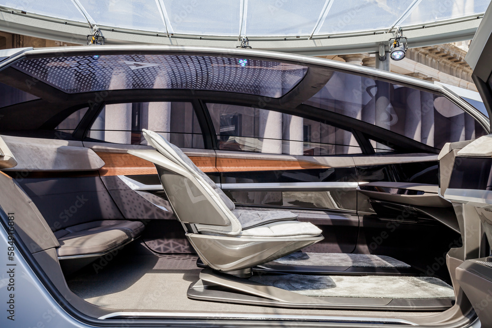 MILAN, ITALY - APRIL 16 2018: Audi city lab. Interior view of white ...