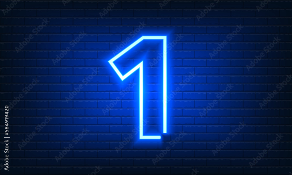 Number One neon sign on brick wall background. Vintage blue electric ...