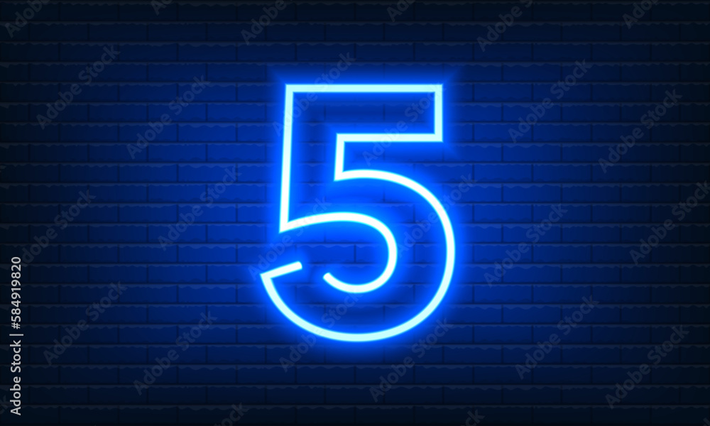 Number Five neon sign on brick wall background. Vintage blue electric ...
