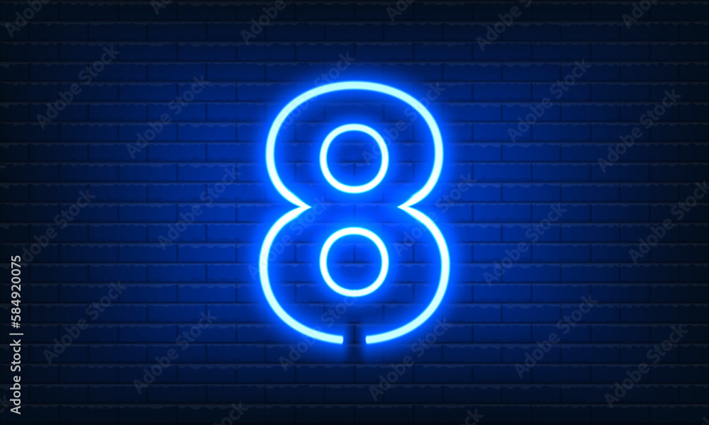 Number Eight neon sign on brick wall background. Vintage blue electric ...