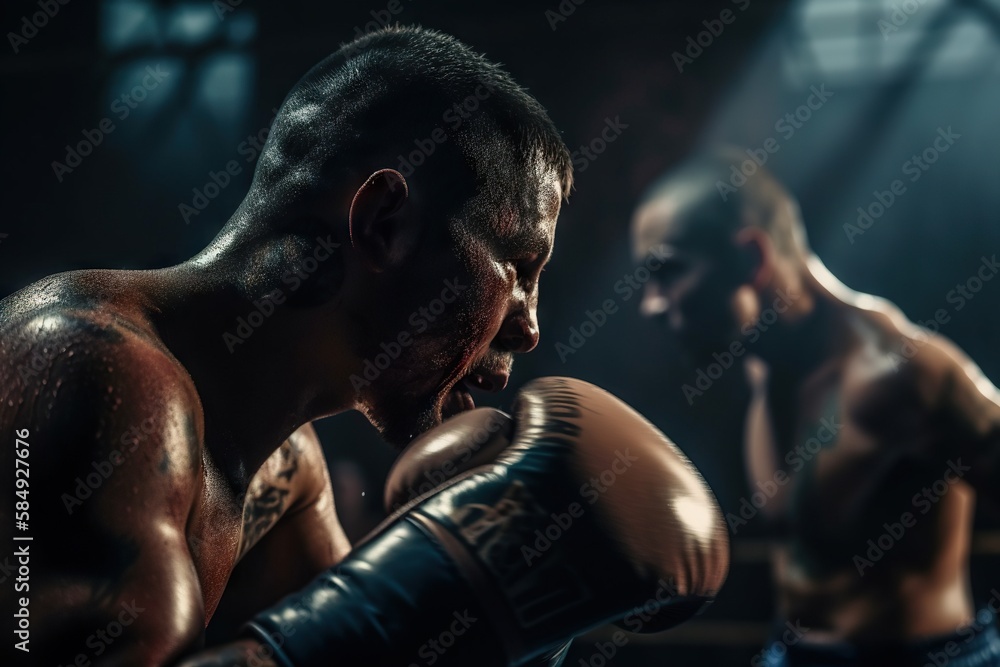Two Men In Boxing Gloves In A Dark Room With Lights On Boxing Gym ...