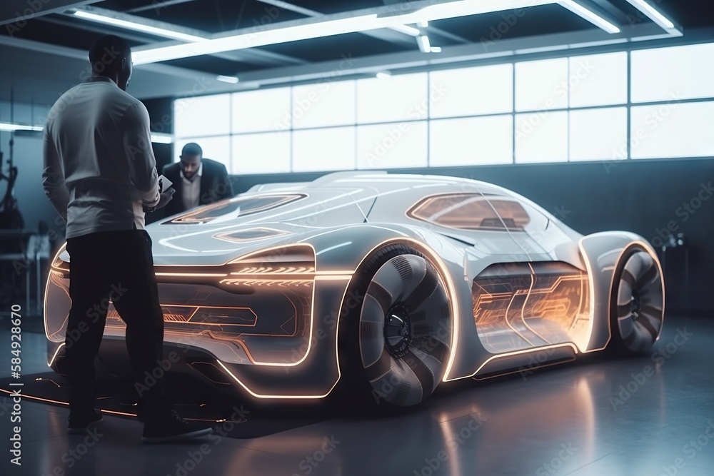 A Man Standing Next To A Futuristic Car In A Garage With People Looking ...