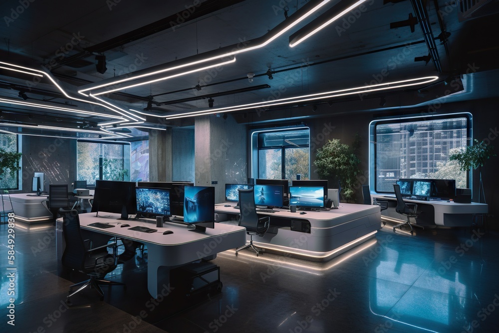 A Room With A Lot Of Computers On The Desks And A Plant Conference Room ...